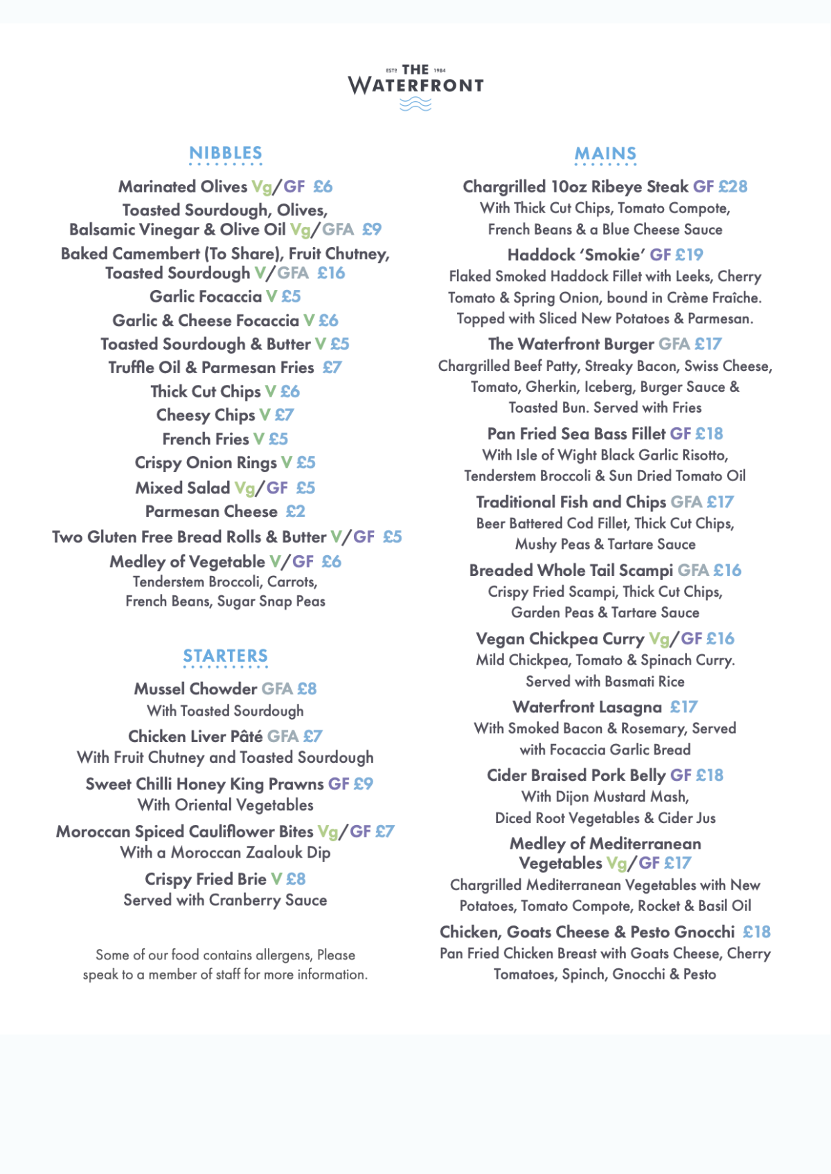 Our Menus – The Waterfront