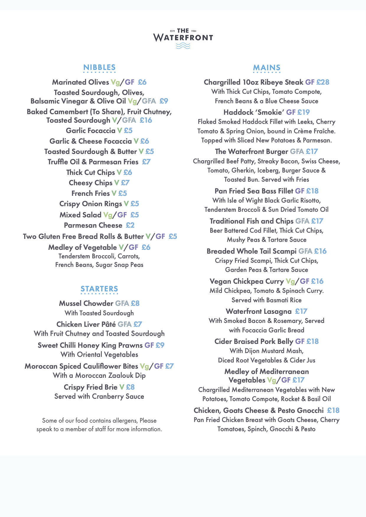 Our Menus – The Waterfront
