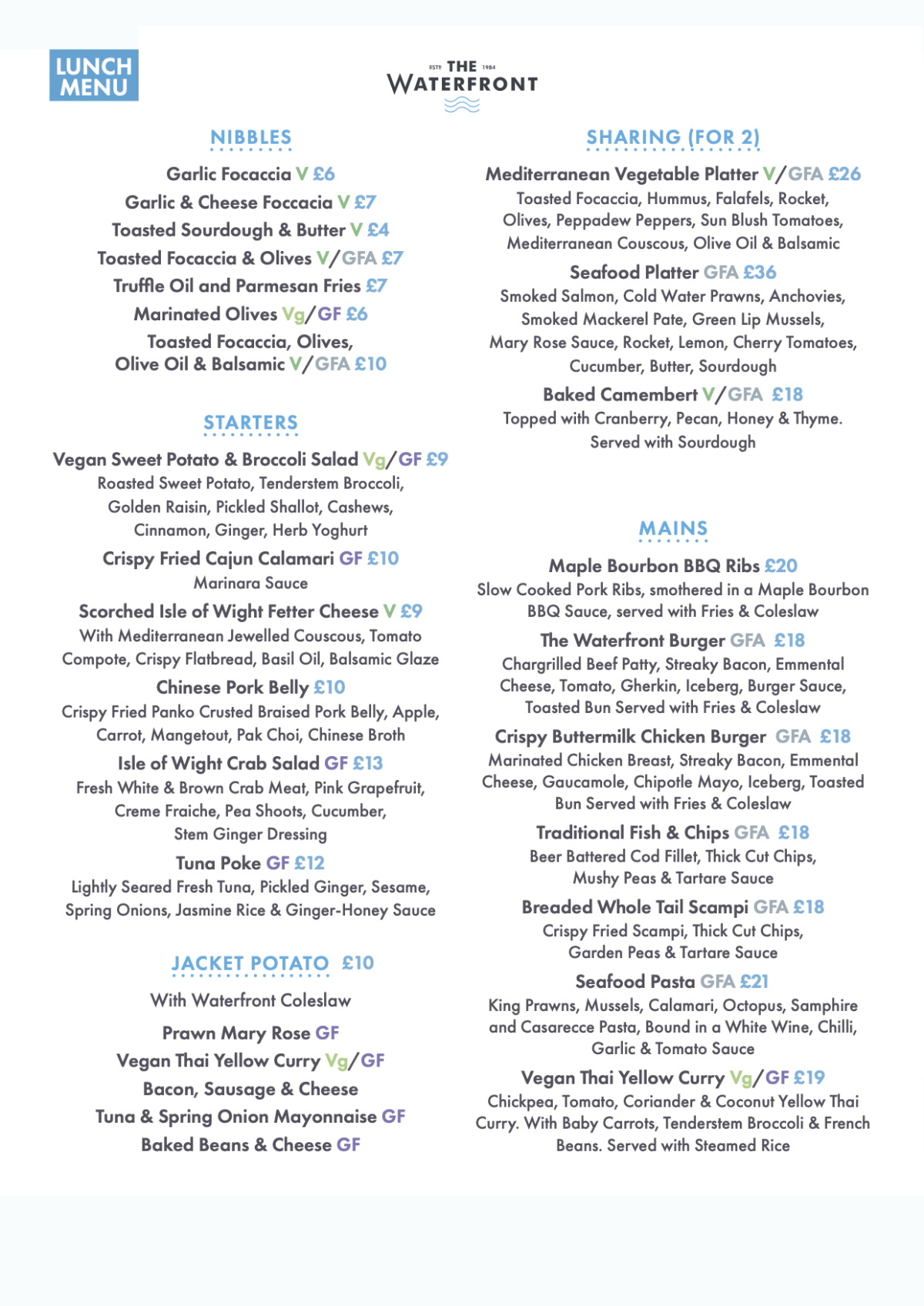 Our Menus – The Waterfront