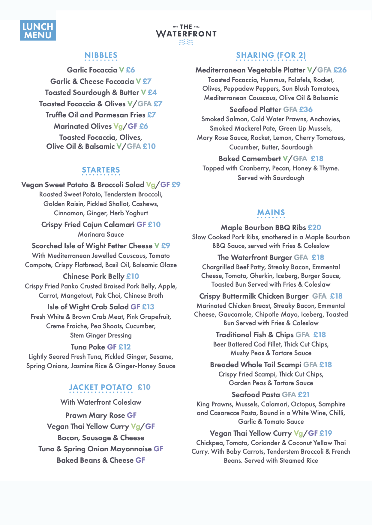 Our Menus – The Waterfront