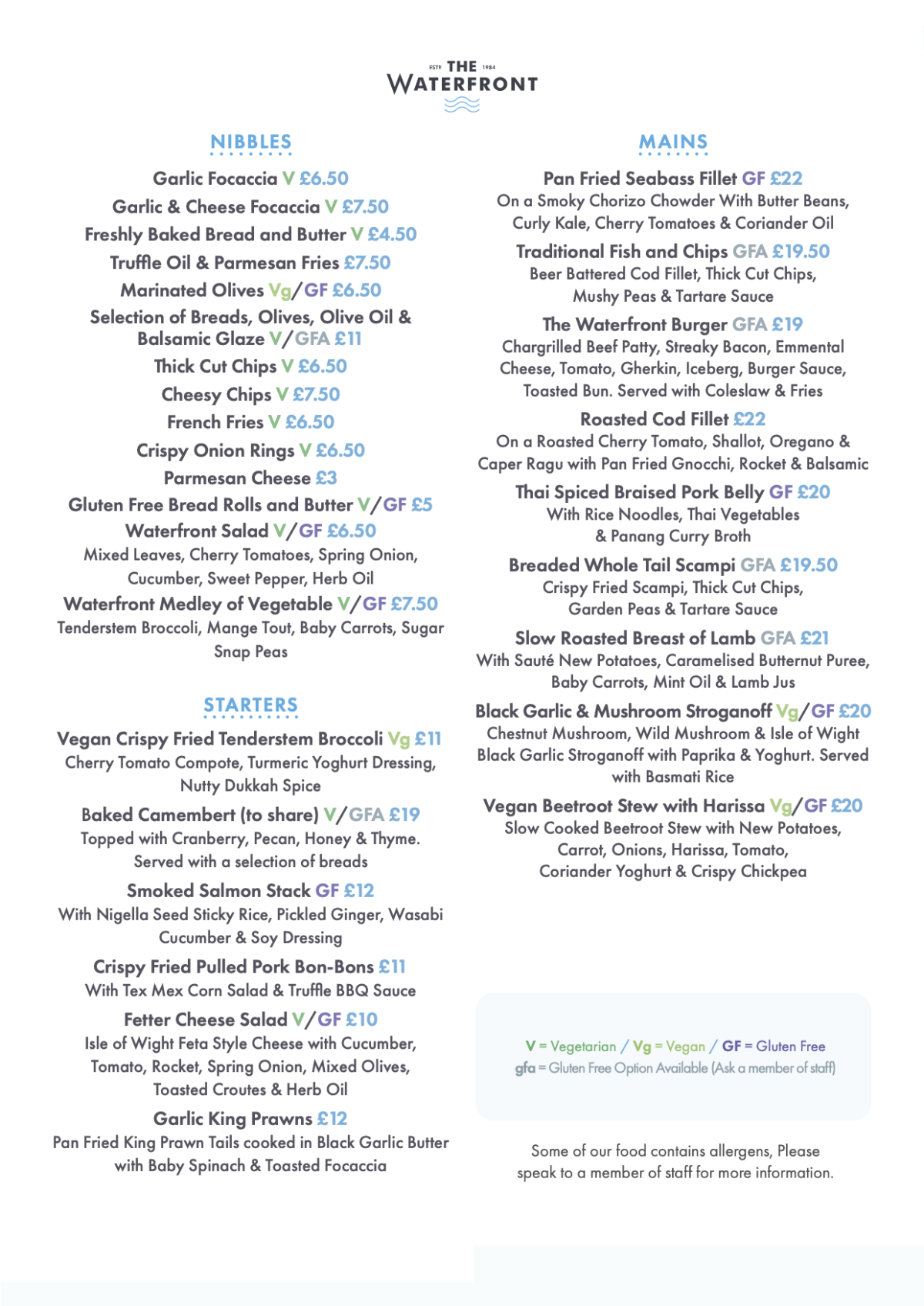 Our Menus – The Waterfront