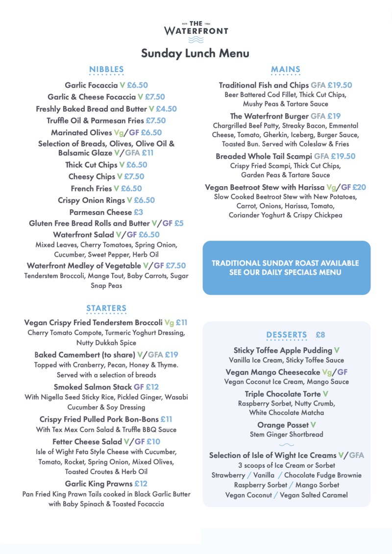Our Menus – The Waterfront