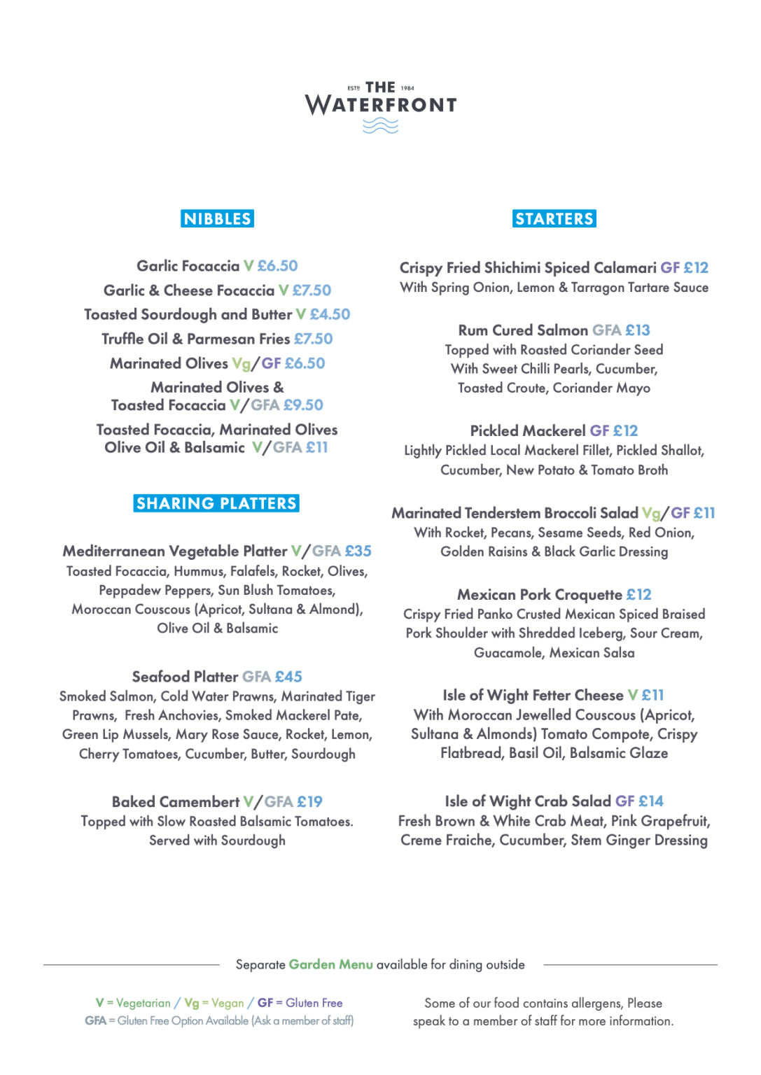 Our Menus – The Waterfront